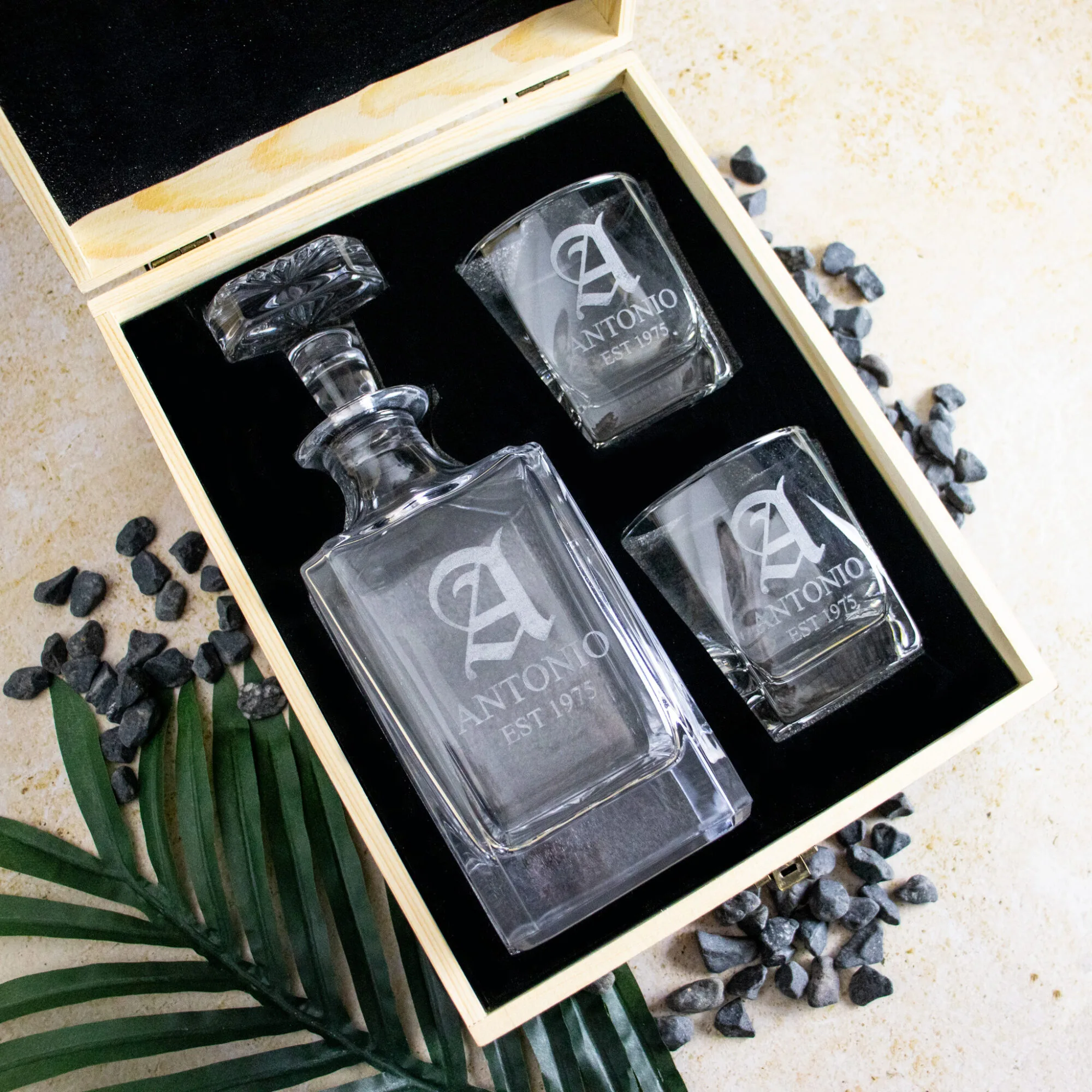 Monogram Boxed Vintage Decanter Set With Two Glasses - CustomKings